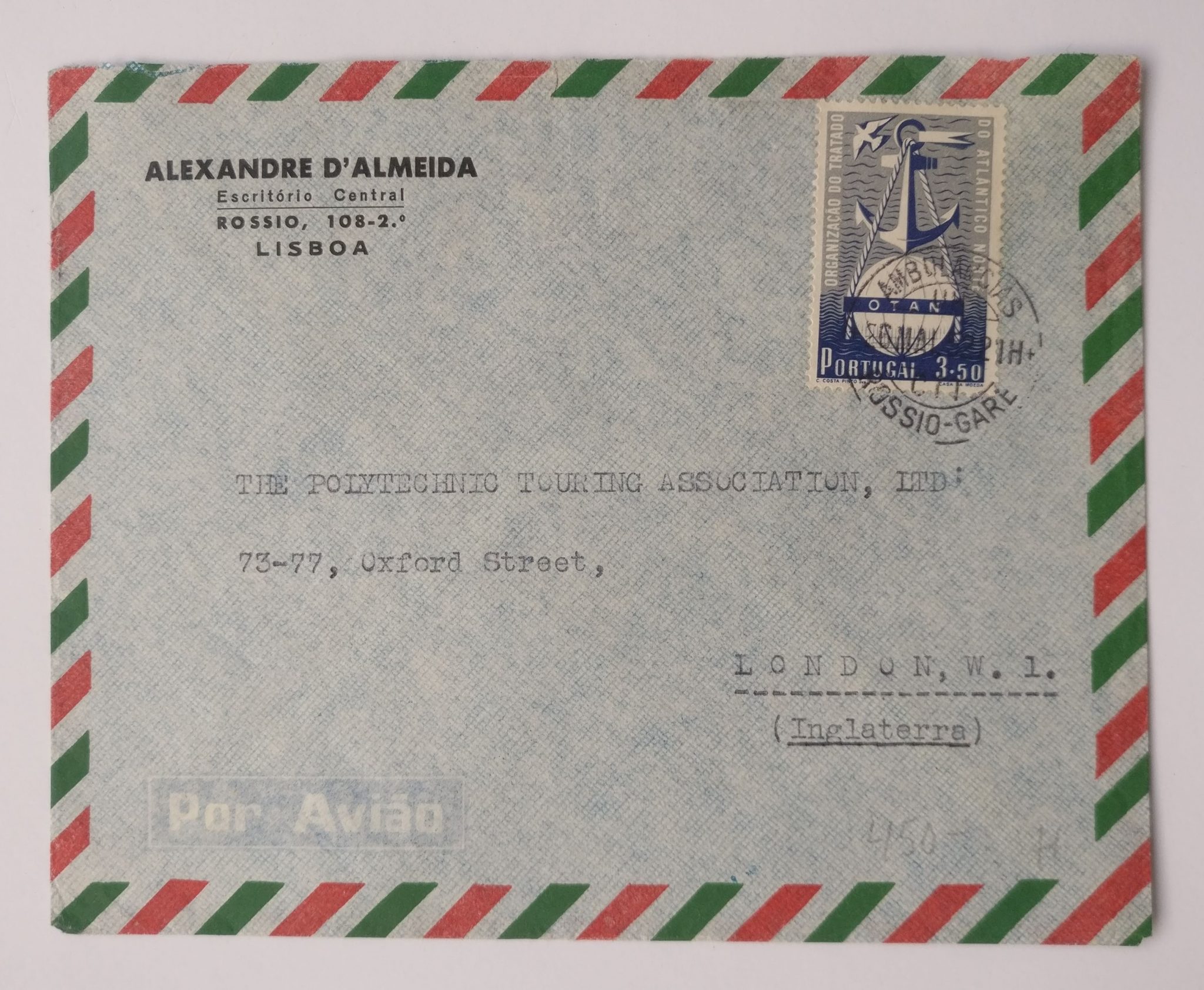 1952 – Correio Aéreo – 3ºAniversário da OTAN, selo de 3$50 – Carimbo ...